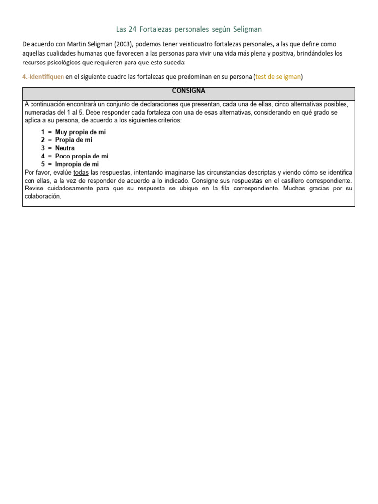 Las 24 Fortalezas Personales Segan Seligman | PDF | Sicología