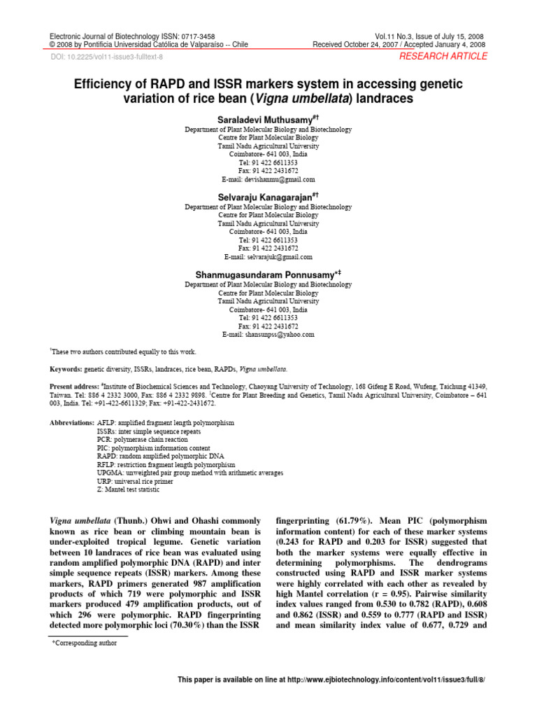 Muthusamy Et Al 2008 Efficiency Of Rapd And Issr Markers System In Accessing Genetic Pdf