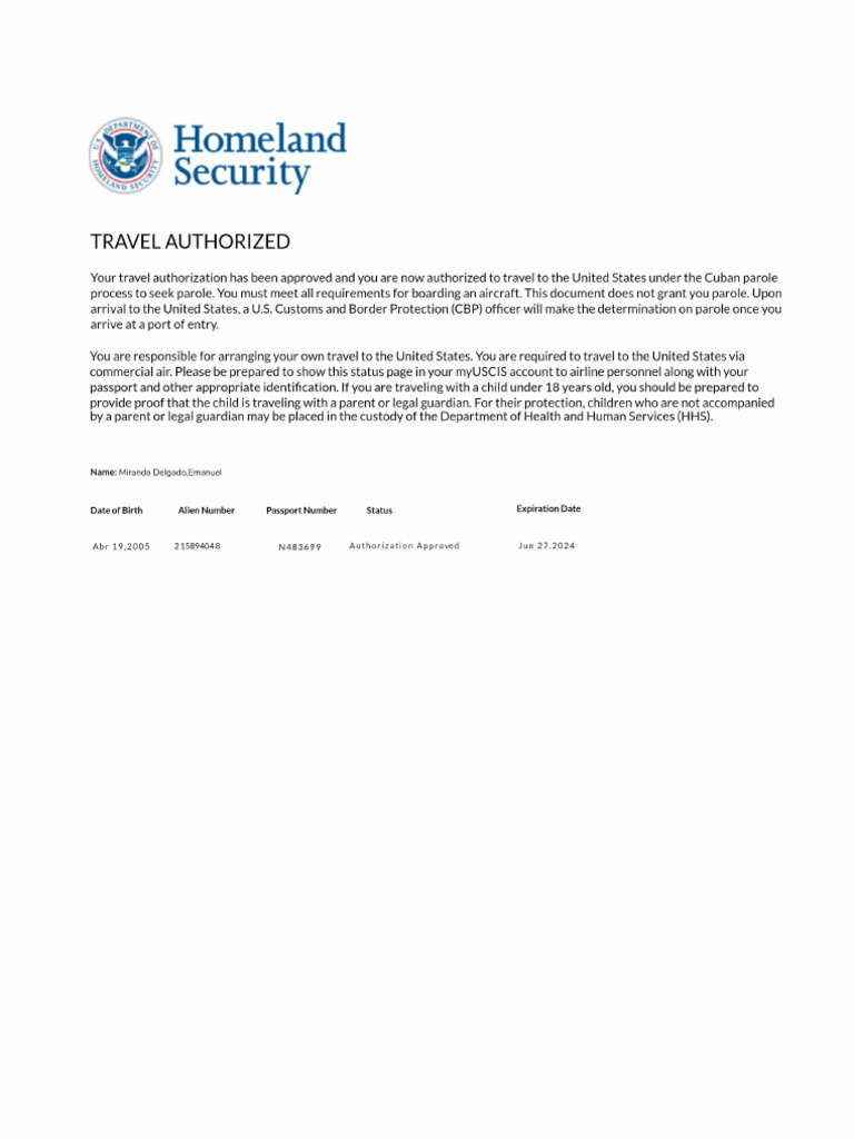 Travel Authorization Document (Emanuel M) | PDF