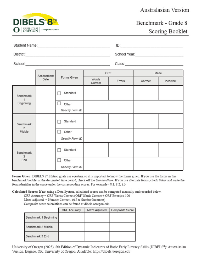 Dibels - 8 - Benchmark - 8 - Scoring 2023 Australasian | PDF