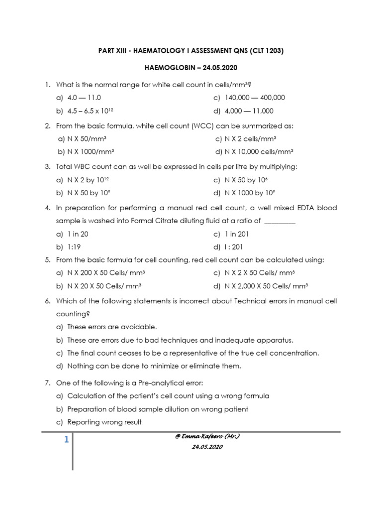 Haematology I Assessment QNS - Part Xiii - 24.05.2020 Students' Version ...