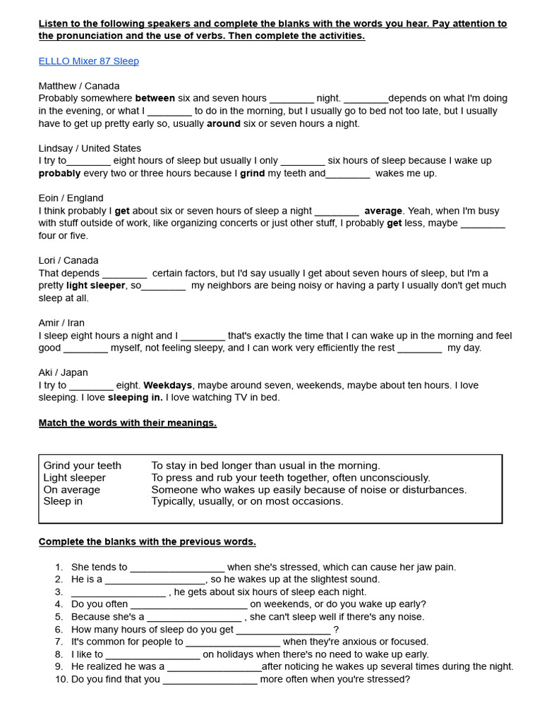 Listening - Sleep A2 - B1 | PDF | Sleep