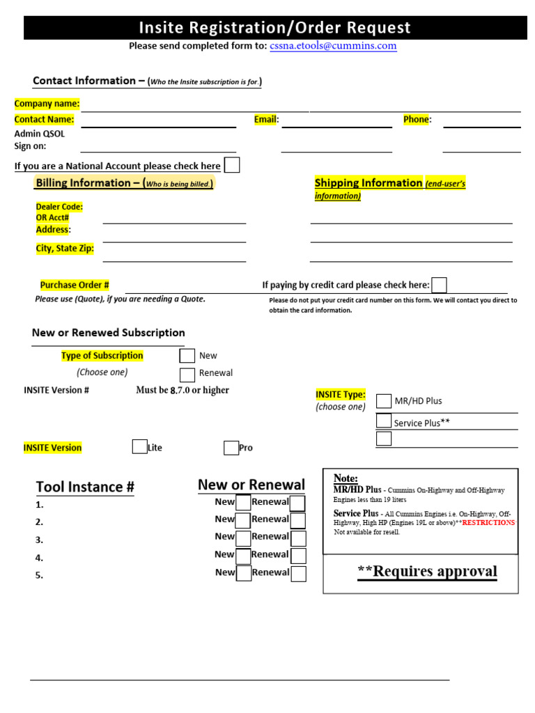 Cummins Cssna Insite Subscription Form.pdfثبت نام کامینز | PDF