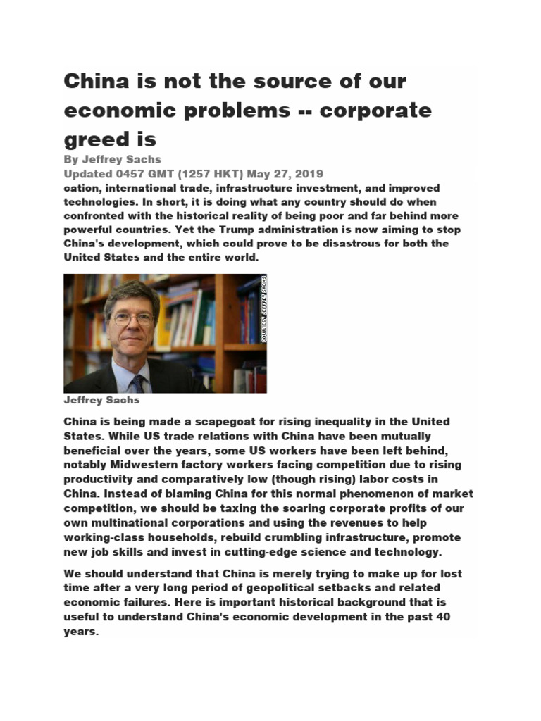 Corporate Greed, Not China, Hurts US Economy | PDF | China | World Politics