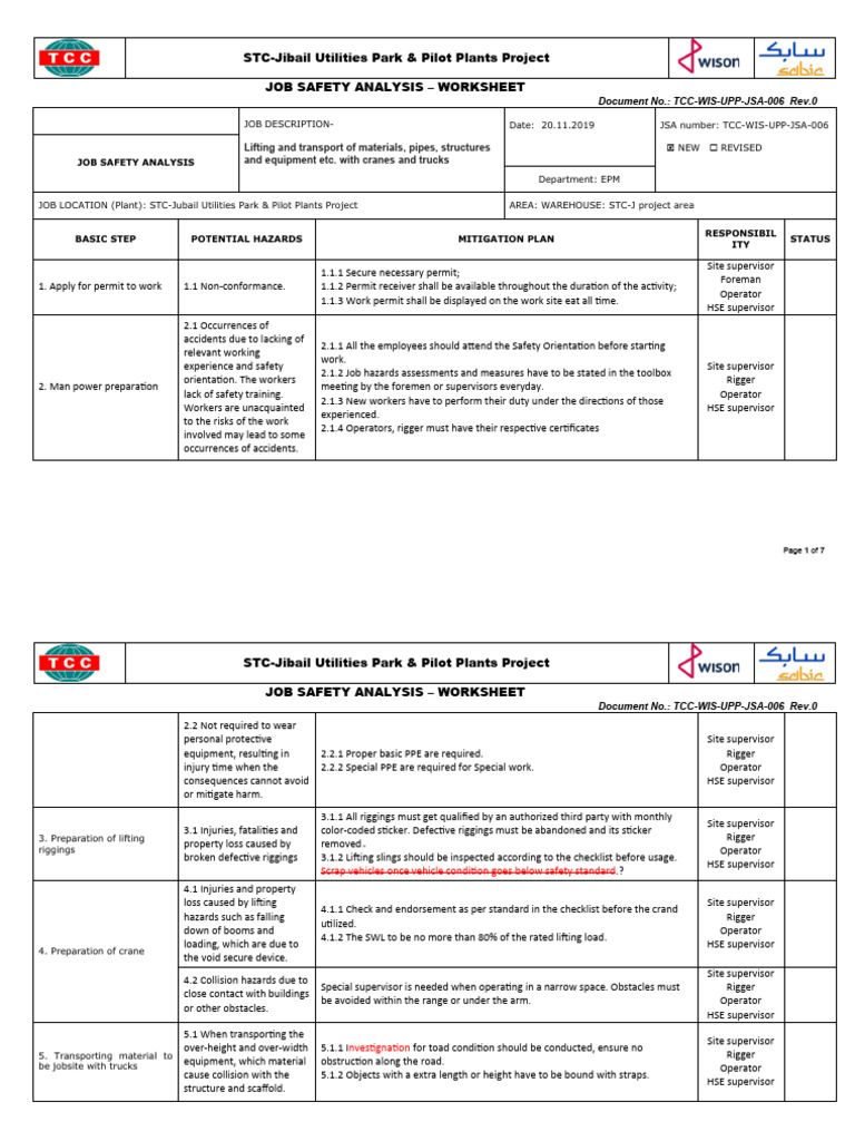 Lifting and Transport of Materials, Pipes, Structures and Equipment With Cranes and trucks-JSA ...