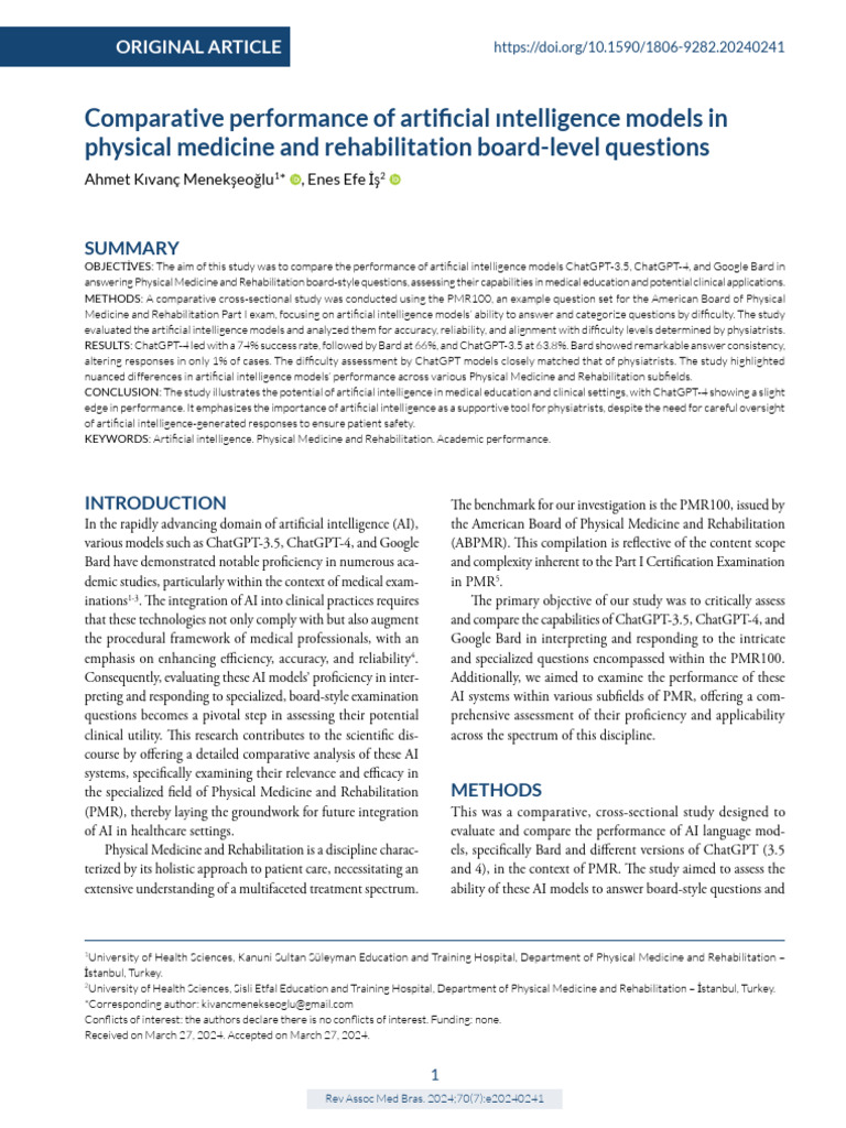 Comparative Performance of Artificial Intelligence Models in Physical ...