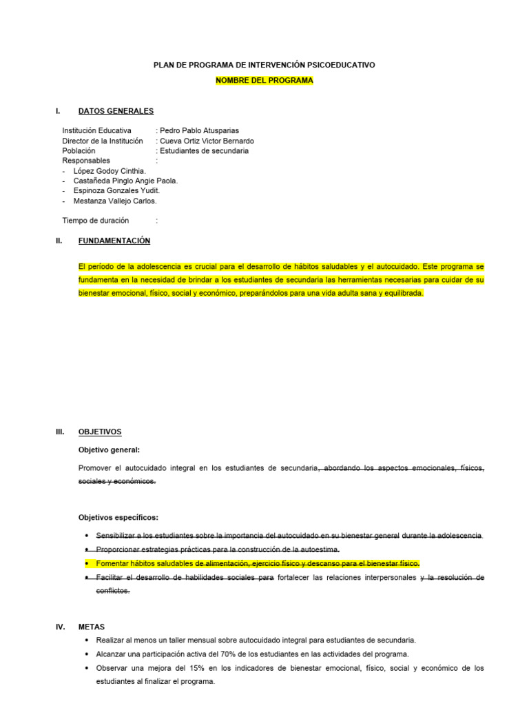 S11 s1 AVANCE PROGRAMA INTERVENCIÓN PSICO | PDF | Alimentos | Las emociones