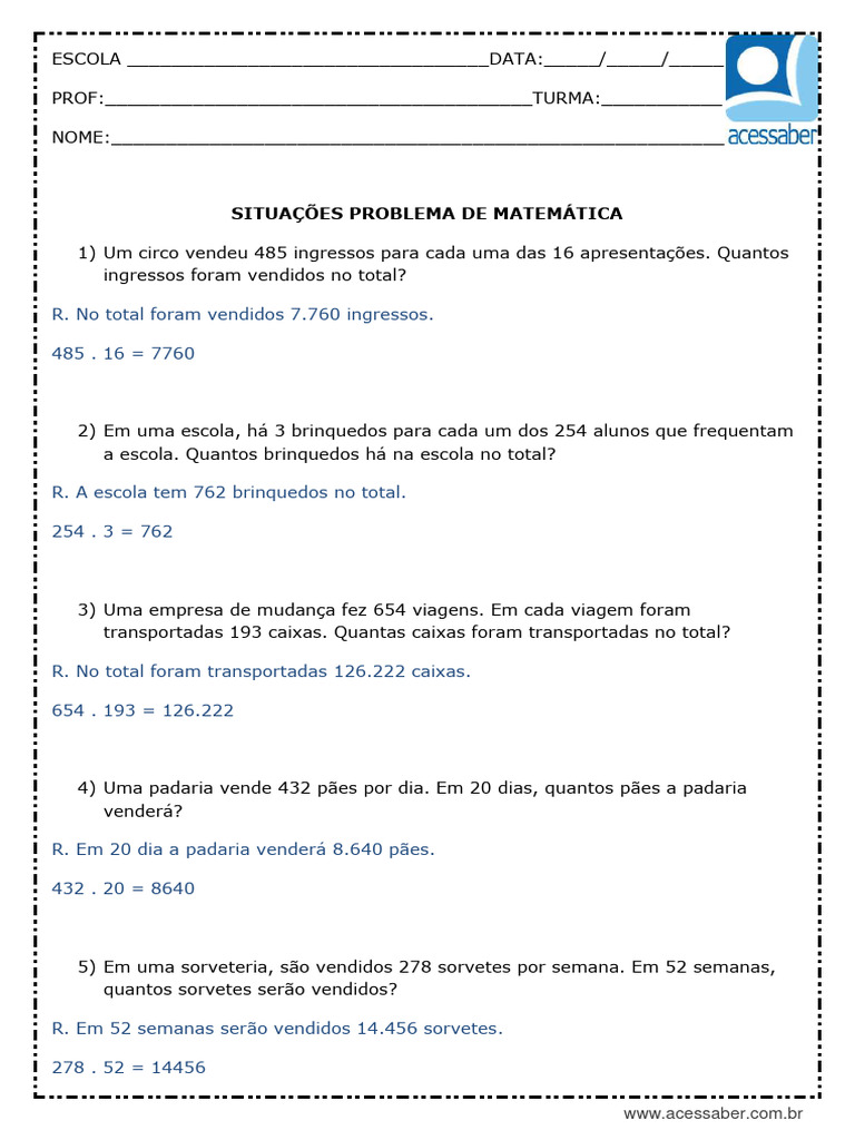 Atividade de Matematica Situacoes Problema de Multiplicacao 1 3 Ano e 4 ...