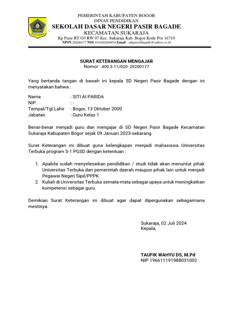 KETERANGAN MENGAJAR DAN IJIN BELAJAR - Ai PARIDA | PDF