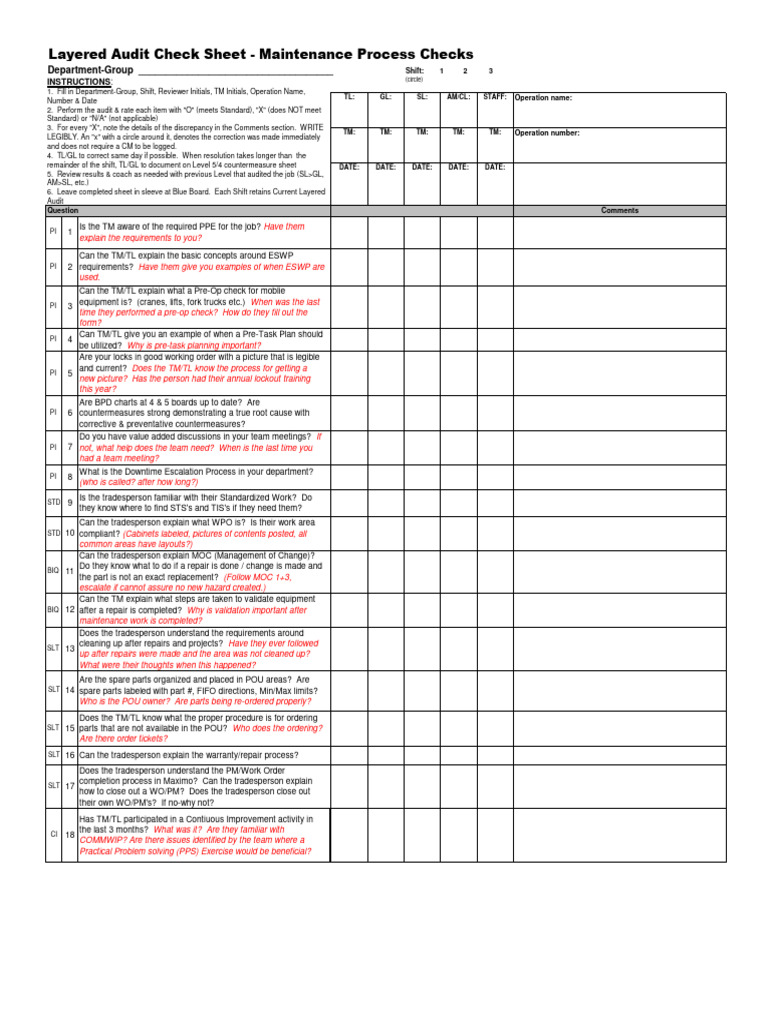 Layered Audit Check Sheet - Maintenance Process Checks: Department ...