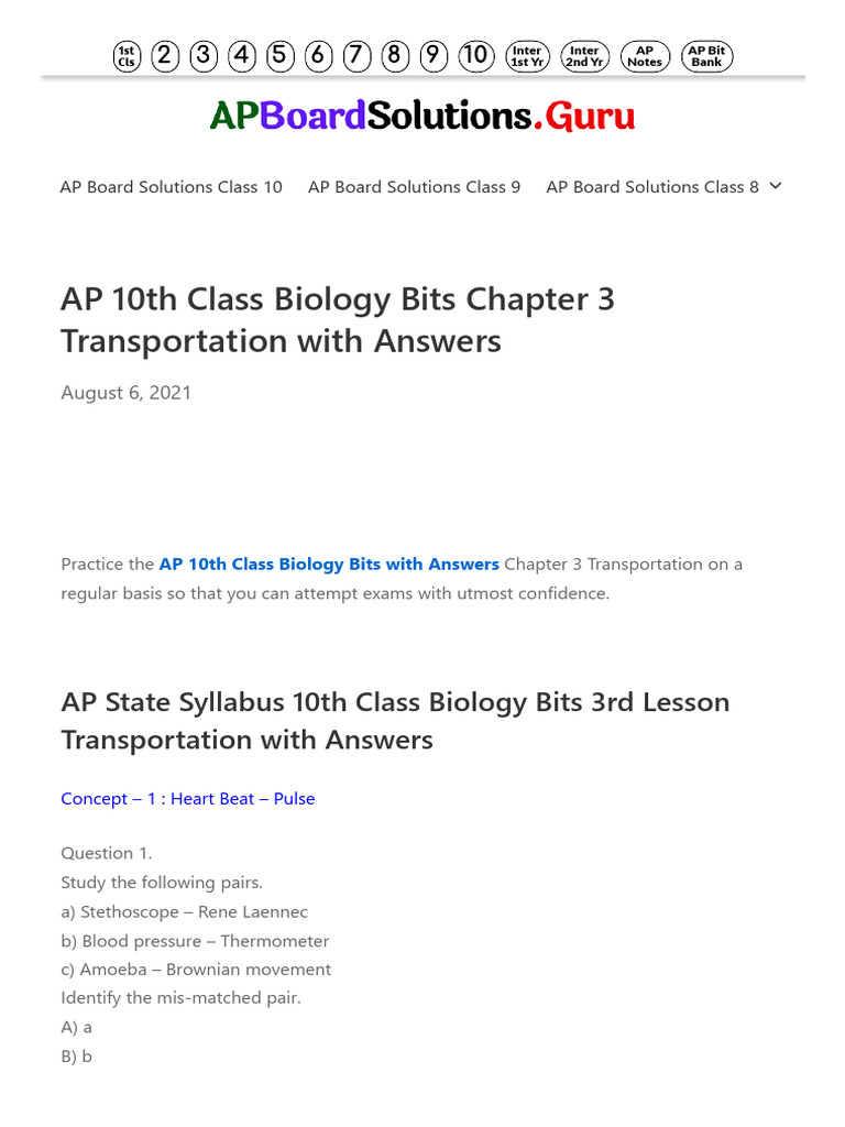 AP 10th Class Biology Bits Chapter 3 Transportation with Answers – AP ...