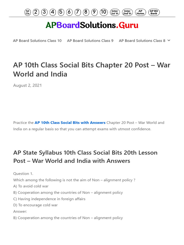AP 10th Class Social Bits Chapter 20 Post – War World and India – AP ...