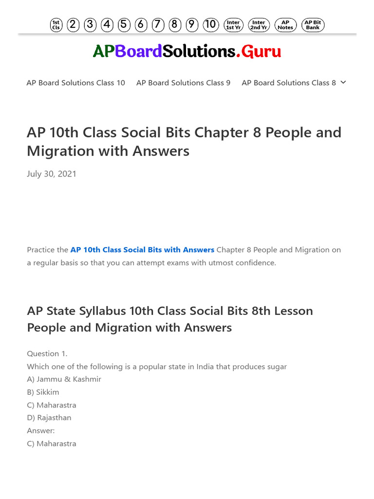 AP 10th Class Social Bits Chapter 8 People and Migration With Answers ...