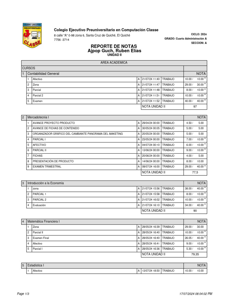 Reporte de Notas Cuarto Administración A | PDF