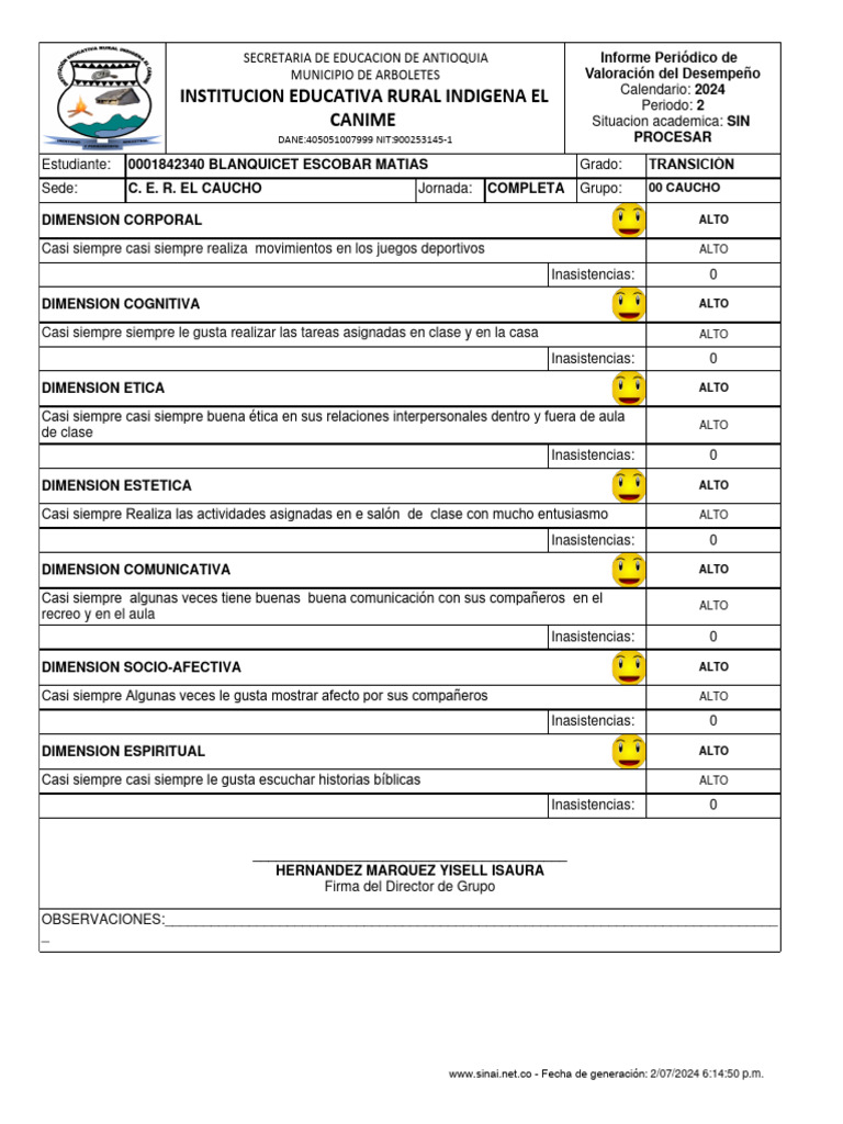 Boletín Preescolar Por Estudiante - Con Emoticones (Carta) (4) - 1 | PDF