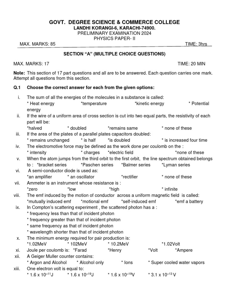Govt Degree Physics Xii Prilium Paper 2024 | PDF | Electronvolt | Volt