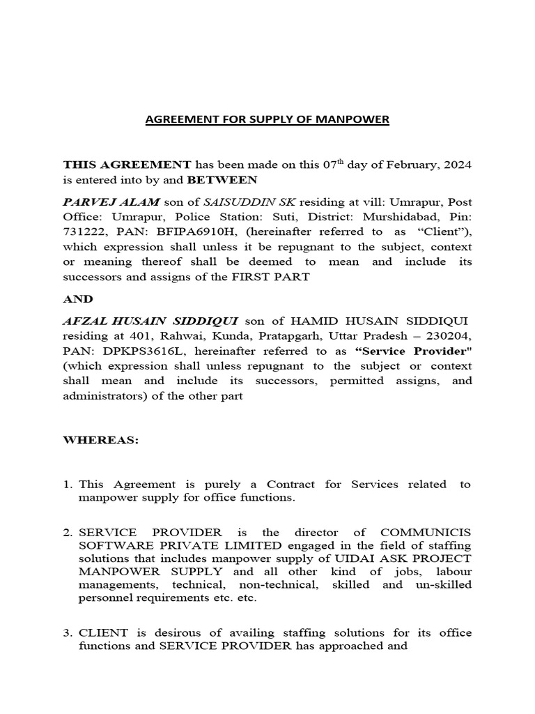 Agreement for Supply of Manpower 1 | PDF | Employment | Private Law