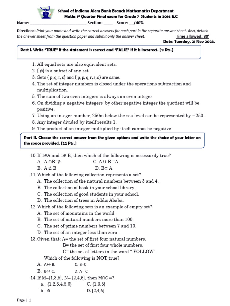 g7 - Math q1 Final 2016 | PDF | Numbers | Integer