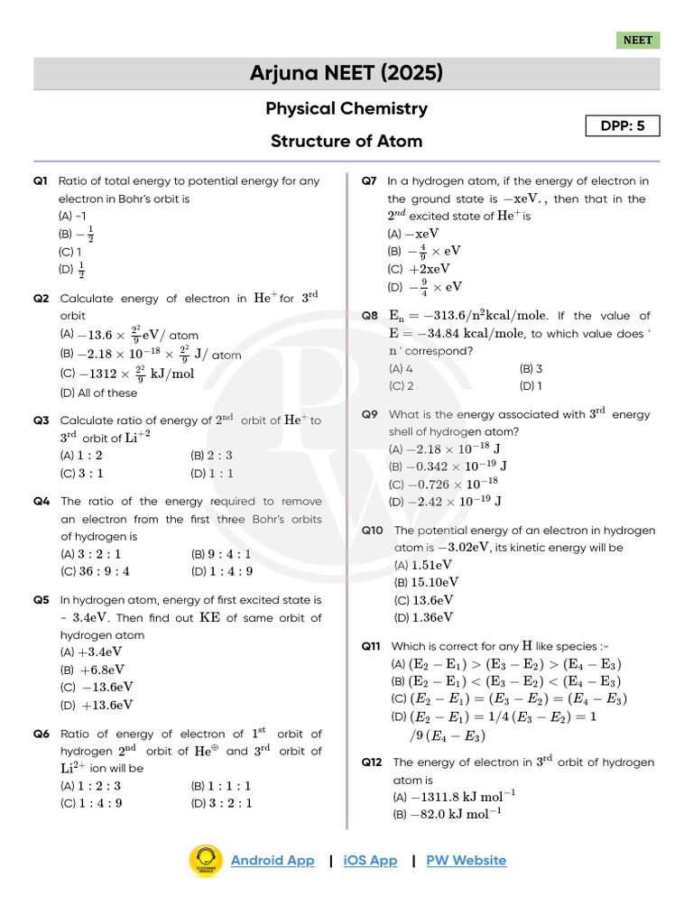 Structure Of Atom Dpp 05 Arjuna Neet 2025 Pdf Electronvolt