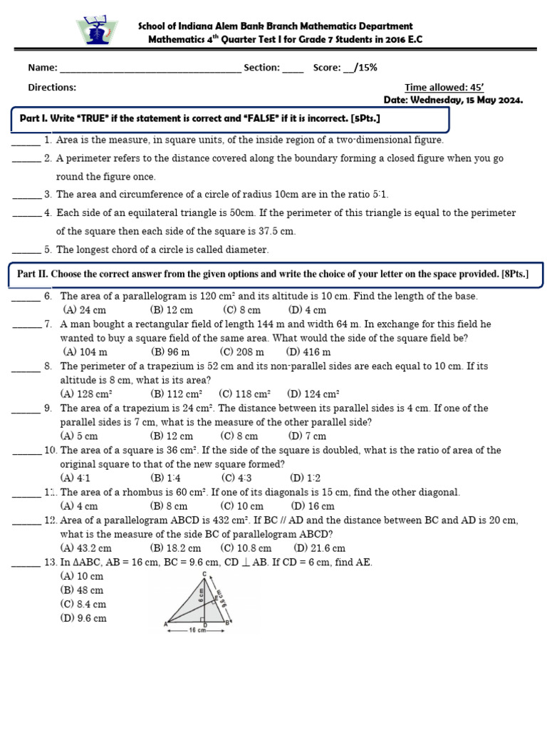 4th g7 Math Exam | PDF | Area | Euclidean Plane Geometry