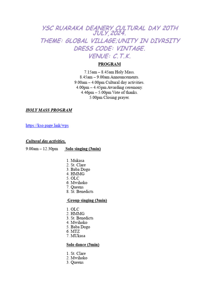 Ruaraka Deanery Cultural Day Program, 2024 | PDF | Performing Arts