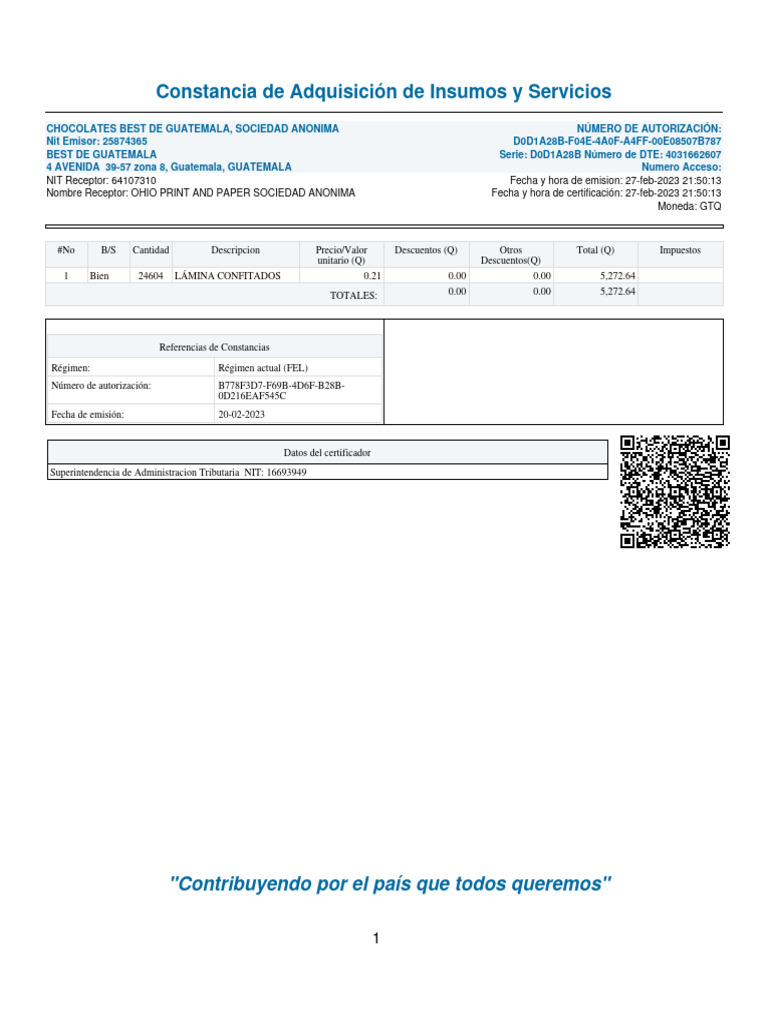 Constancia de Adquisición de Insumos y Servicios: "Contribuyendo Por El País Que Todos Queremos ...