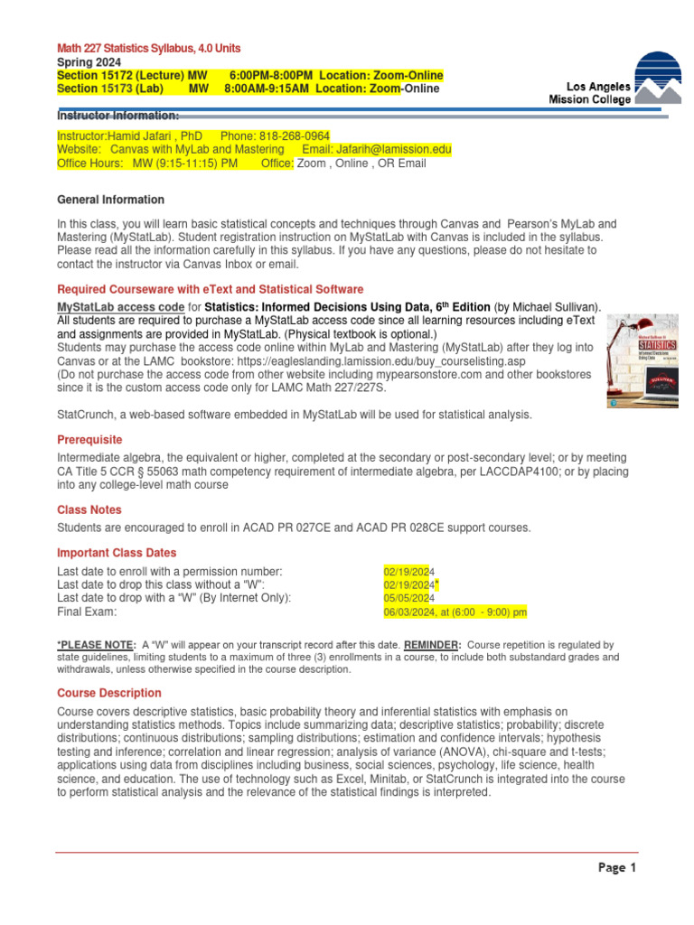 Math 227S Syllabus Section 15172 Lecture & 15173 Lab Spring 2024 | PDF ...