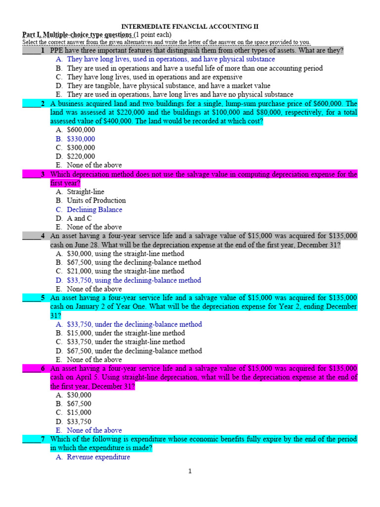 Intermediate Financial Accounting Ii Exam Pdf Depreciation Expense