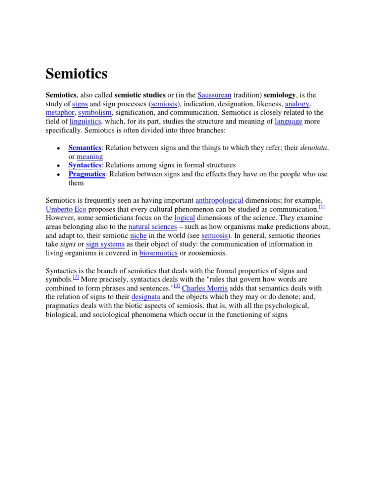 Semiotics: Semiotics, Also Called Semiotic Studies or (In The | PDF ...