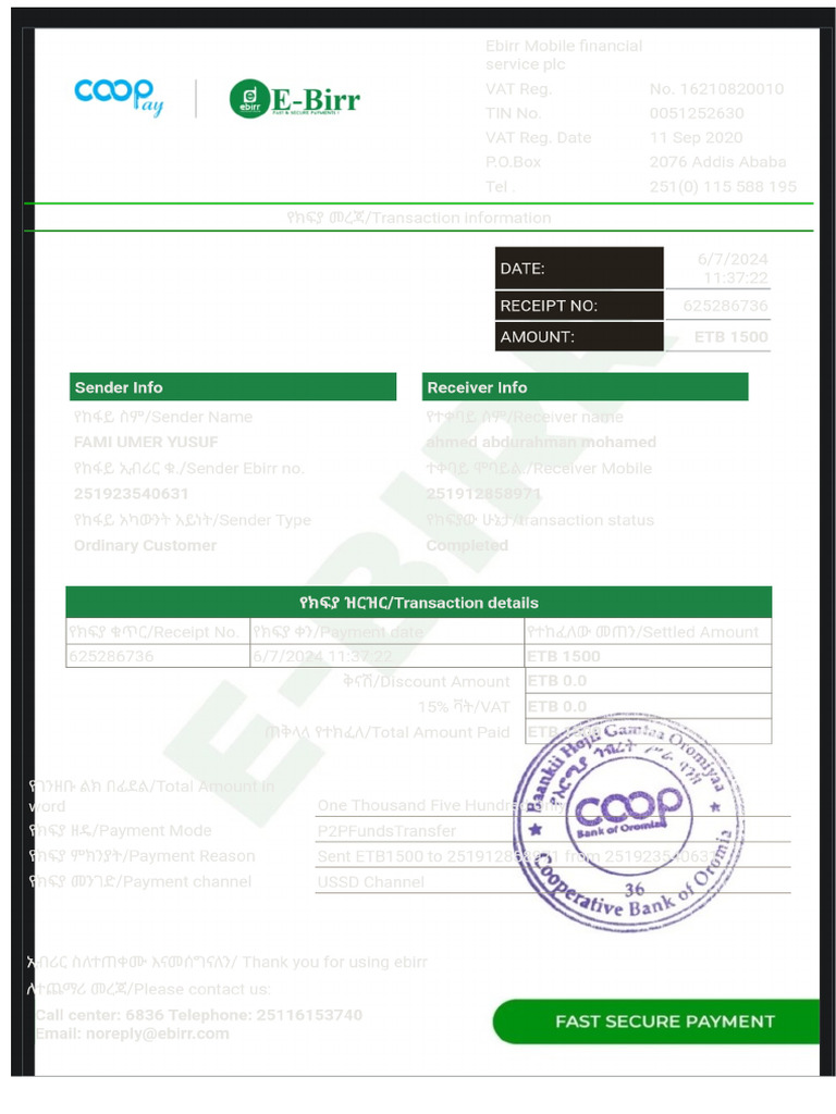 Ebirr - Send Money To Registered Customer | PDF