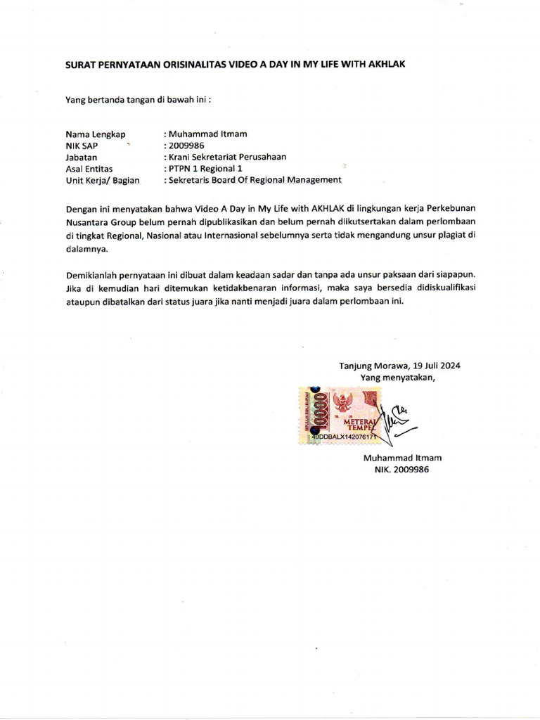 Surat Pernyataan Orisinalitas PTPN I Reg 1 - Muhammad Itmam | PDF