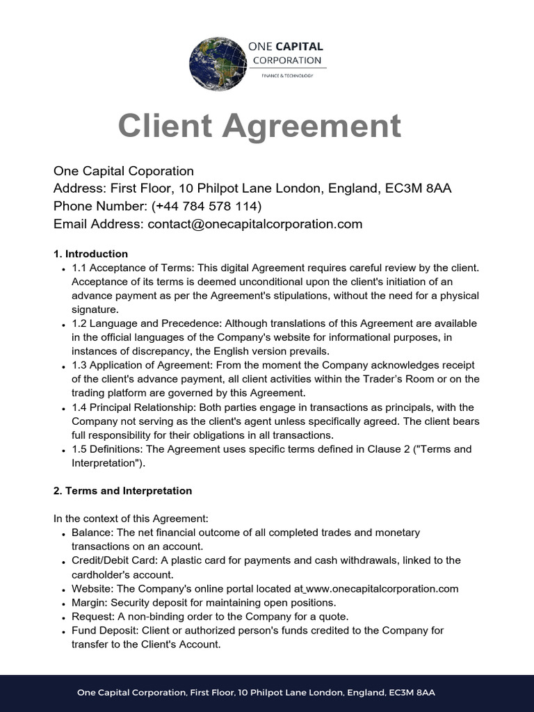 One Capital Corporation Client Agreement | PDF | Deposit Account | Payments