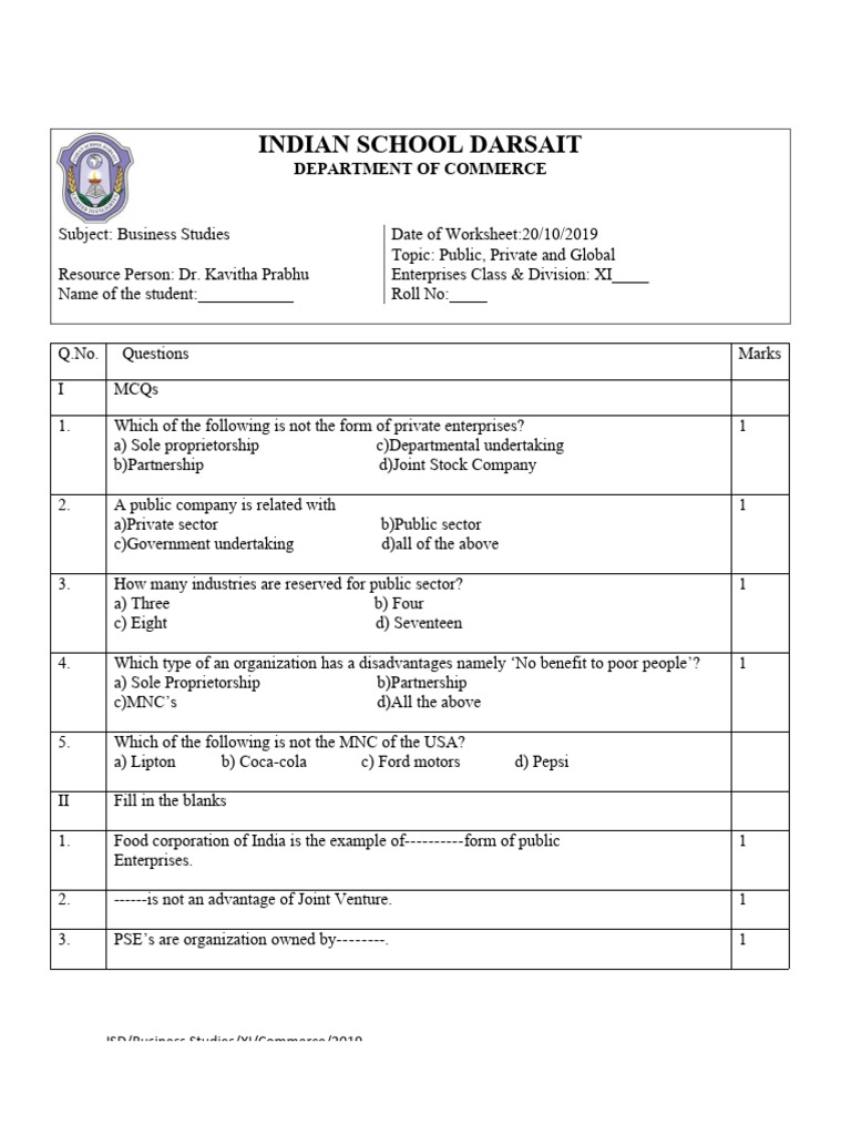 BST Worksheet Private, Public and Global Enterprise | PDF | Business | State Owned Enterprise