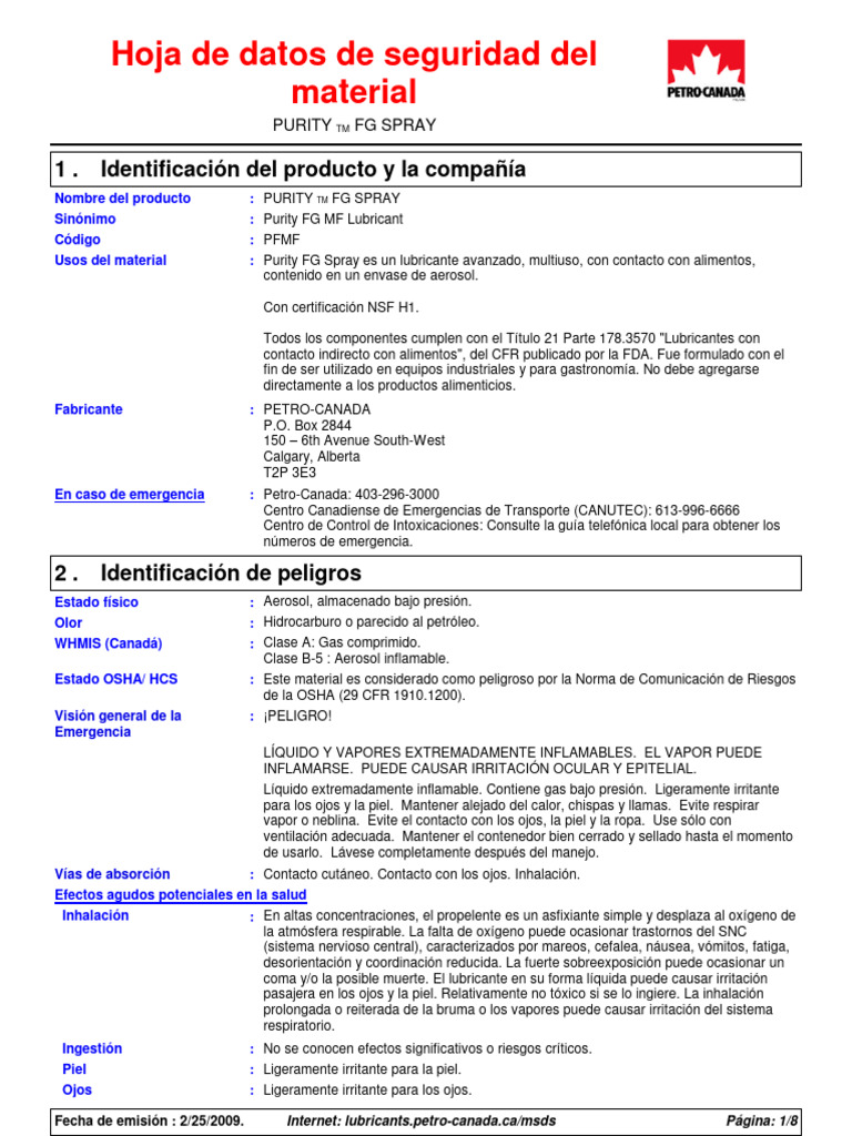 MSDS PURITY FG Spray | PDF | Ventilación (Arquitectura) | Residuos