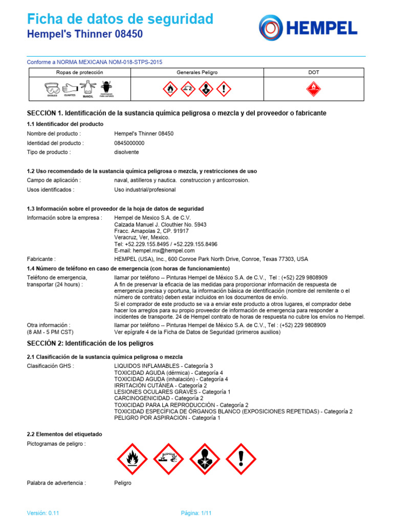 Ficha de Seguridad Hempel's Thinner 08450 | PDF | Residuos | Reciclaje