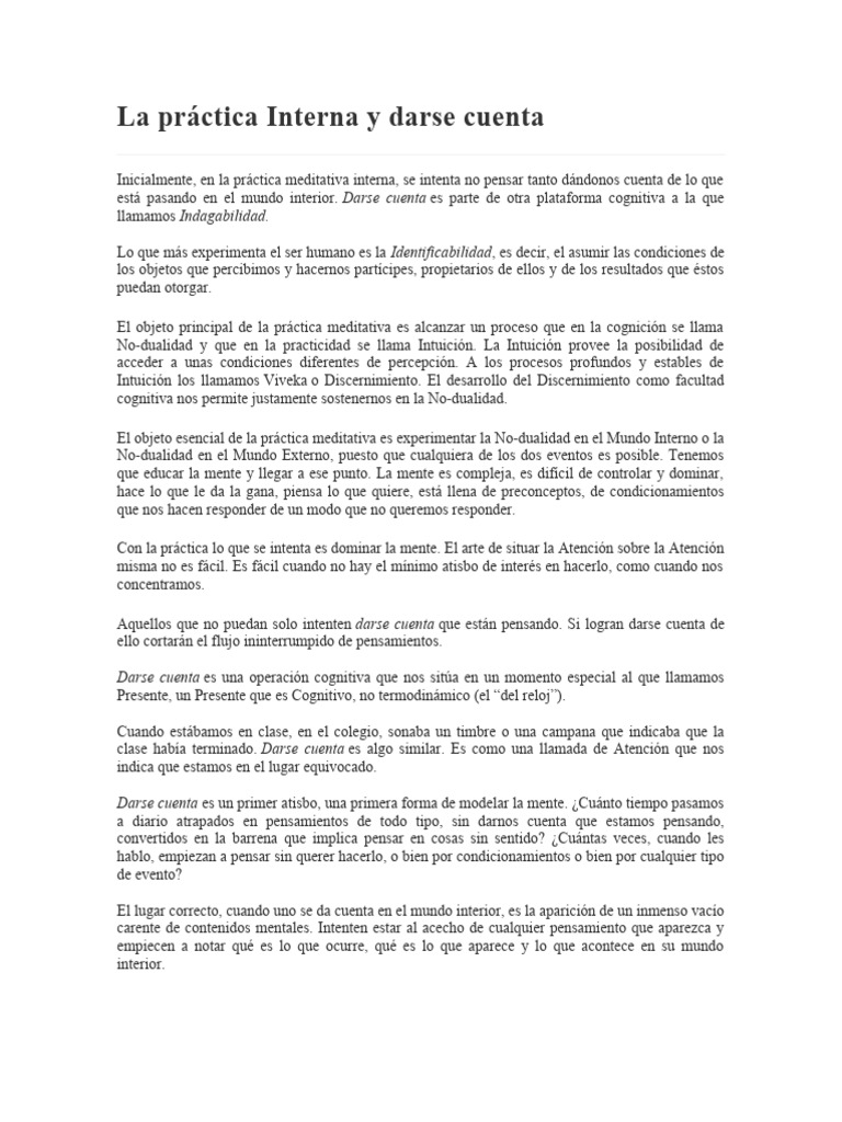 Darse Cuenta y La Práctica Interna (Sesha) | PDF | Pensamiento | Cognición