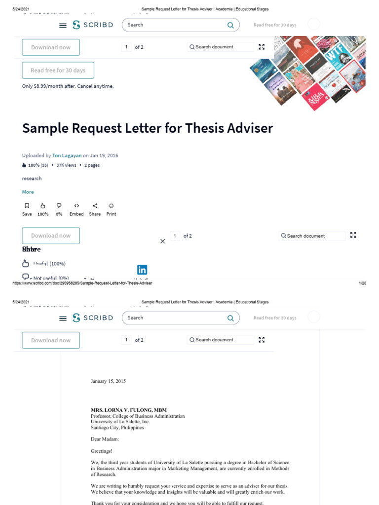 Sample Request Letter For Thesis Adviser - Academia - Educational ...
