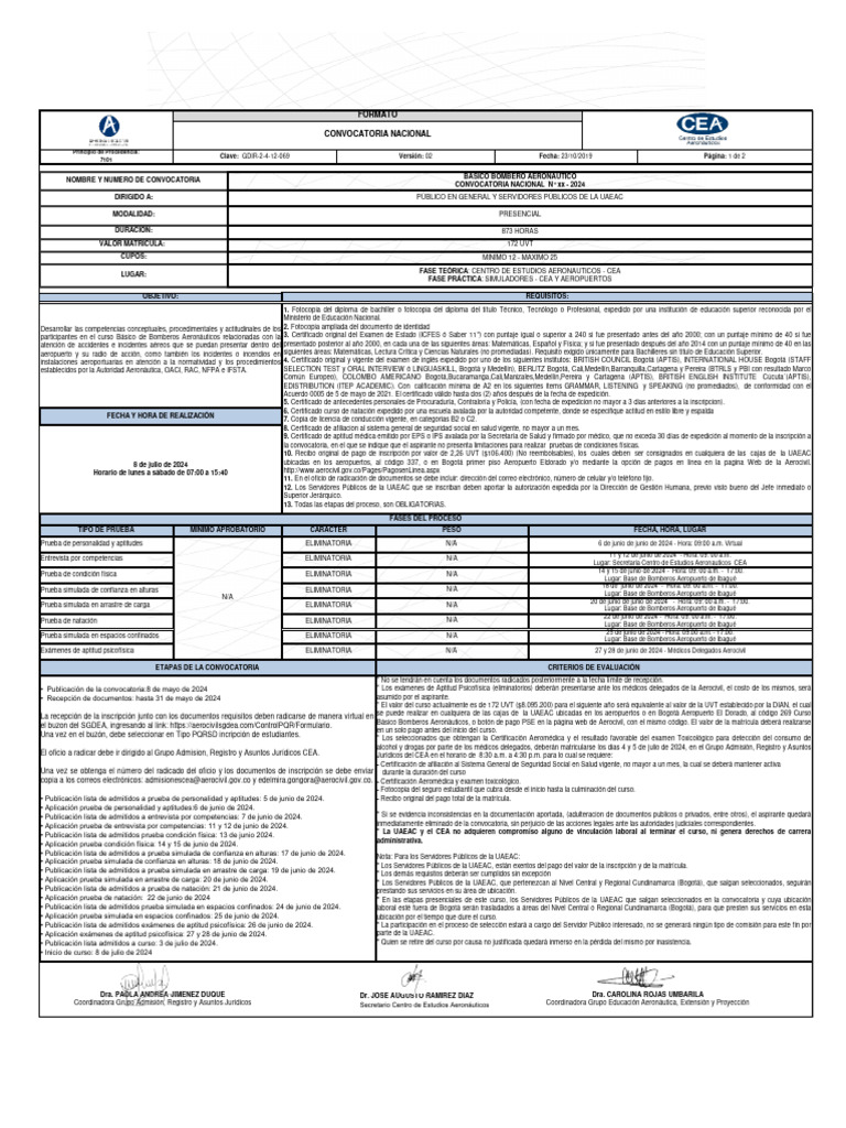 Convocatoria 08-2024 Curso Básico Bombero Aeronáutico | PDF | Bogotá