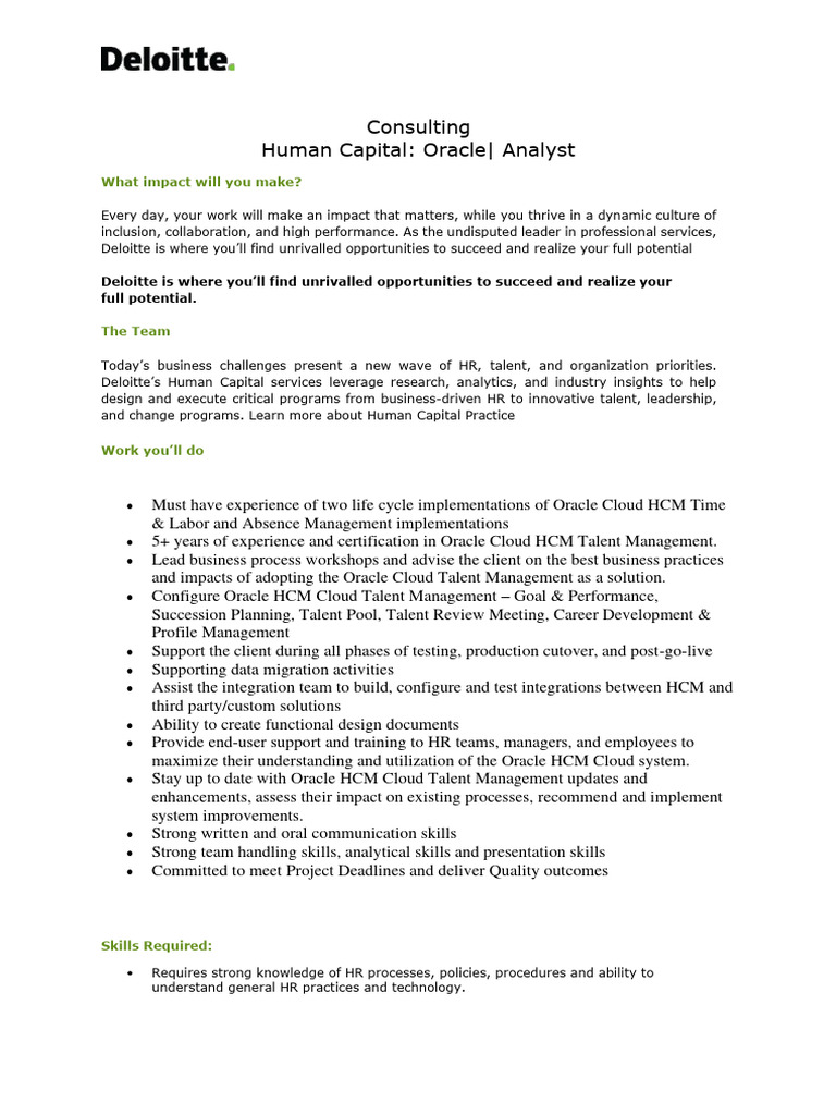 Oracle HCM Analyst Role at Deloitte | PDF | Human Resource Management ...