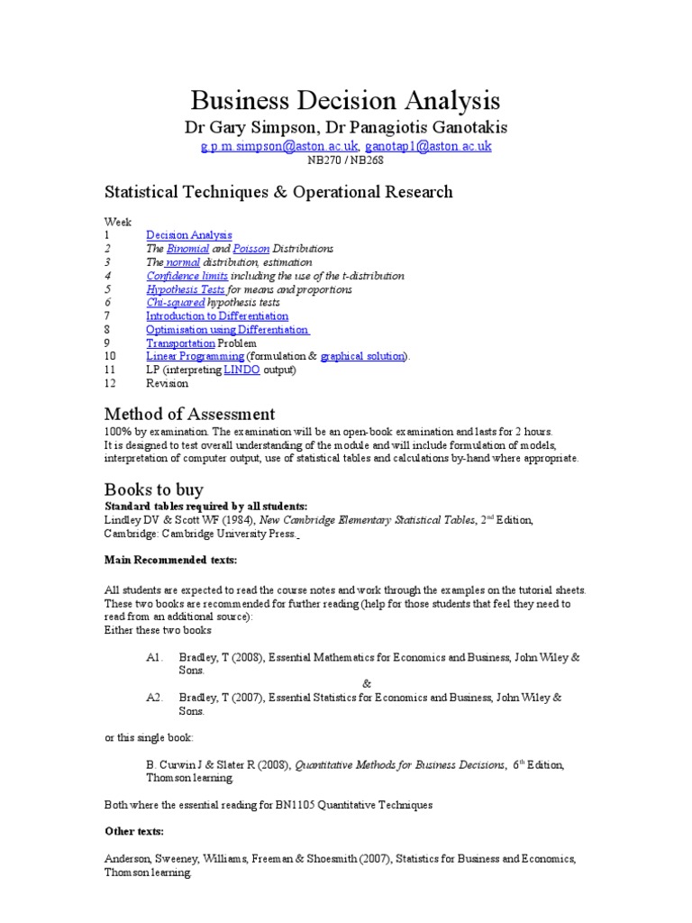 Business Decision Analysis Lecture Notes Pdf Confidence Interval