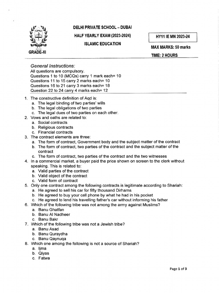 2023 24 Hye gr11 Islamic | PDF