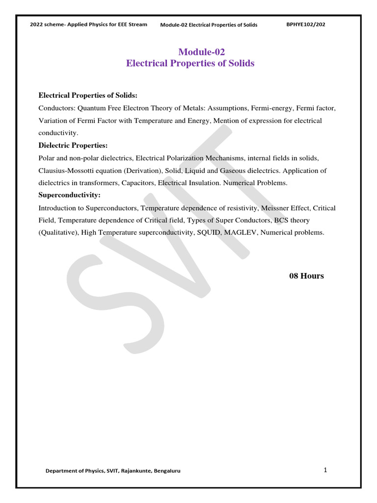 Module-02 Electrical Properties of Solid BPHY102 | PDF | Superconductivity | Dielectric