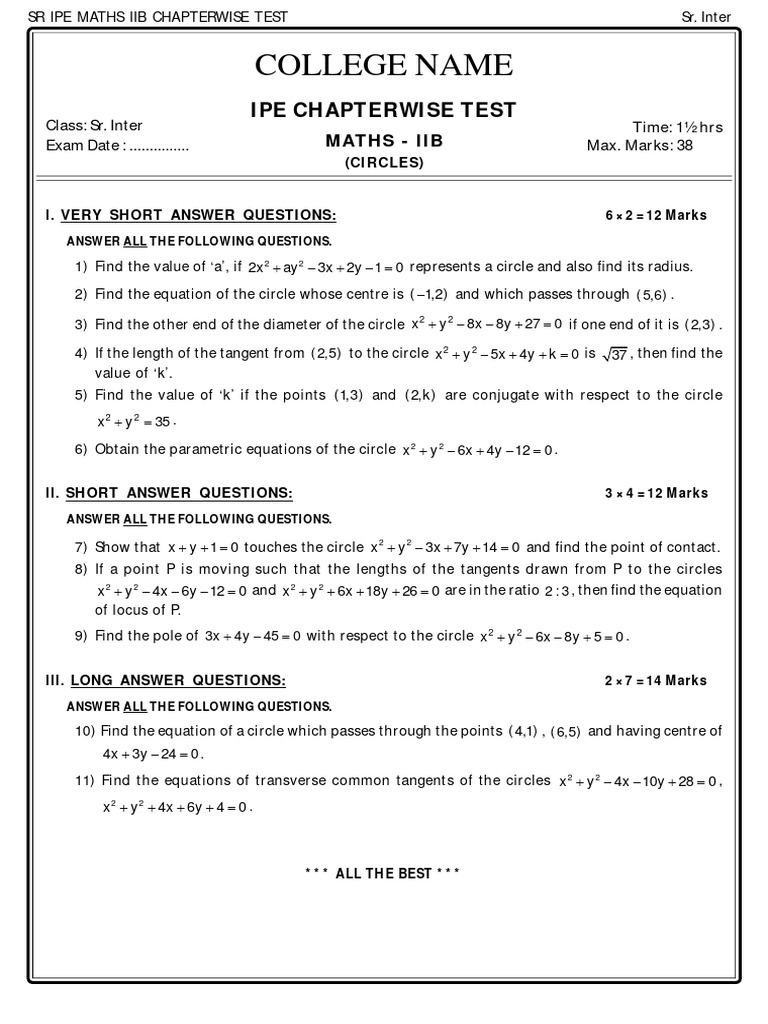 SR Ipe Maths Iib Chapterwise Test (Circles) QP | PDF | Circle ...