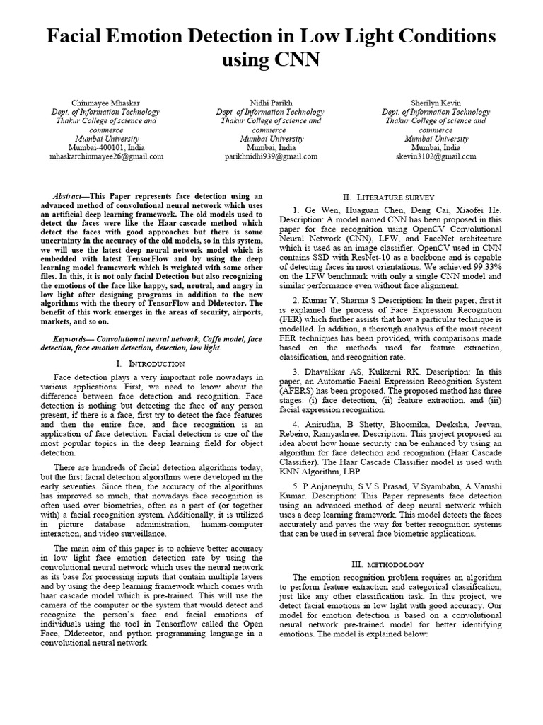 Facial Emotion Detection In Low Light Conditions Using Cnn Pdf