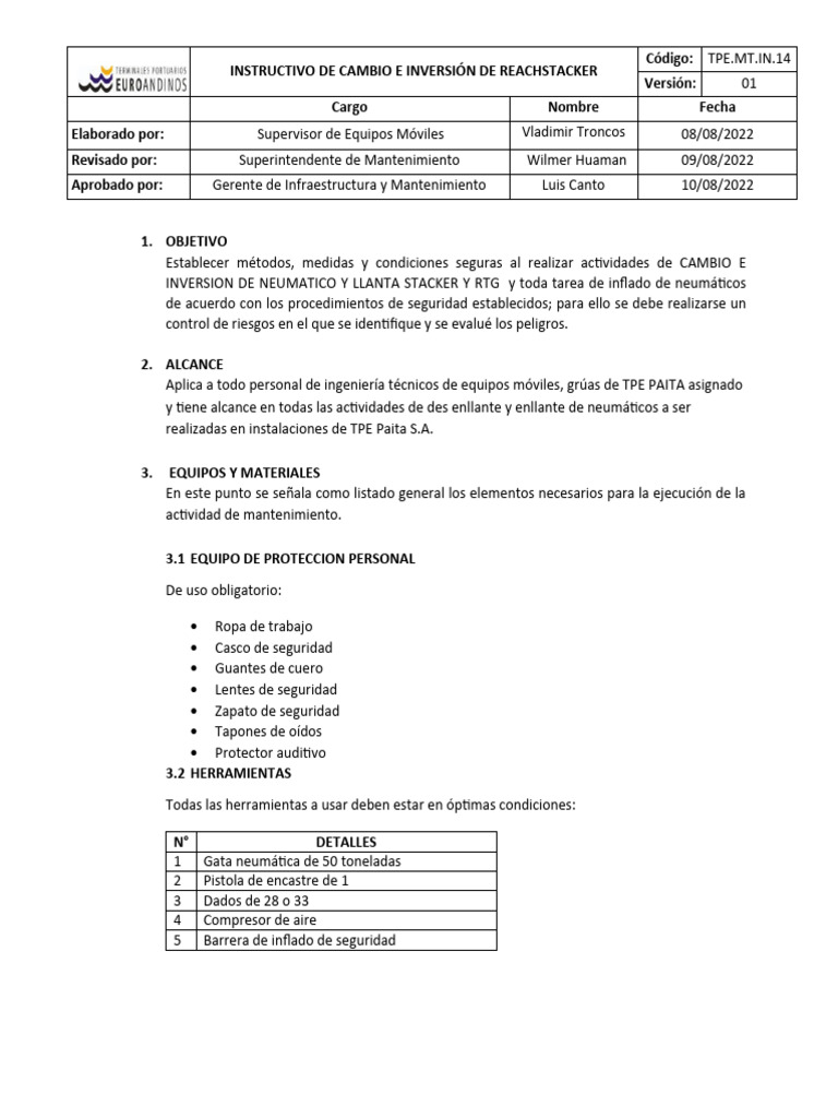 TPE - MT.IN.14 Instructivo de Cambio e Inversión de Reachstacker v1 | PDF | Neumático | Vehículos