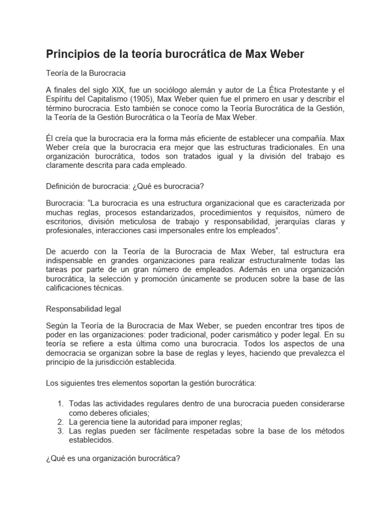 Principios de La Teoría Burocrática de Max Weber | PDF | Burocracia | Max Weber