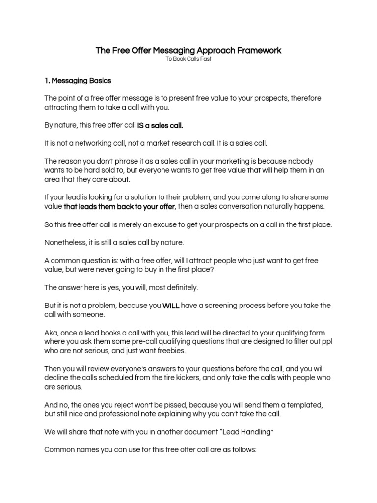 The Free Offer Messaging Approach Framework: To Book Calls Fast | PDF ...