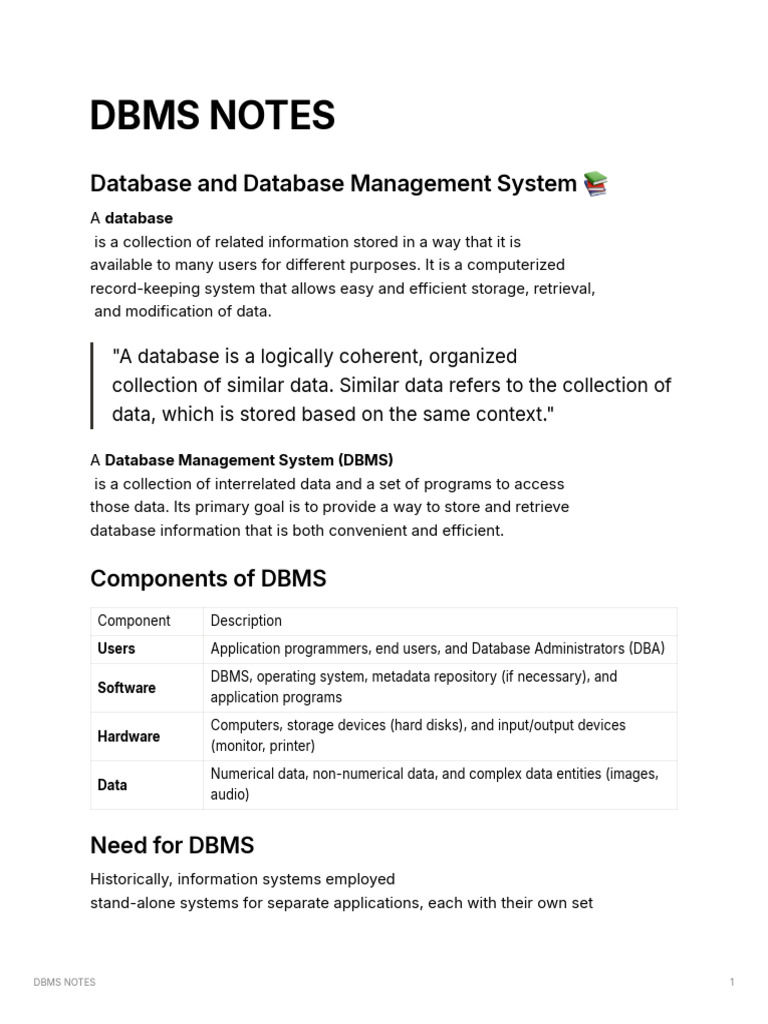 DBMS_NOTES | PDF | Databases | Relational Database DBMS_NOTES | PDF | Databases | Relational Database