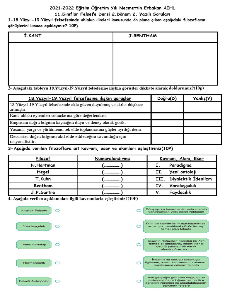 11.siniflar Felsefe Dersi 2.donem 2.yazili Sorulari. 1 | PDF