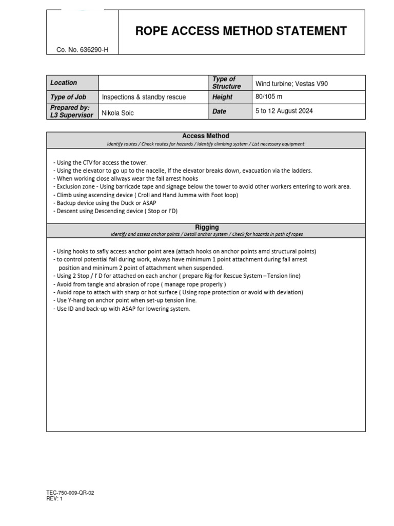 Rope Access Method Statement Overview | PDF | Anchor | Rope